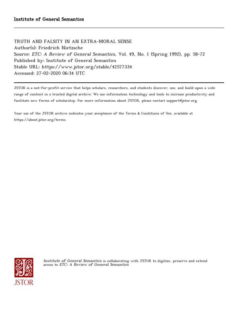 Nietzsche - TRUTH AND FALSITY IN AN EXTRA-MORAL SENSE | PDF | Truth ...