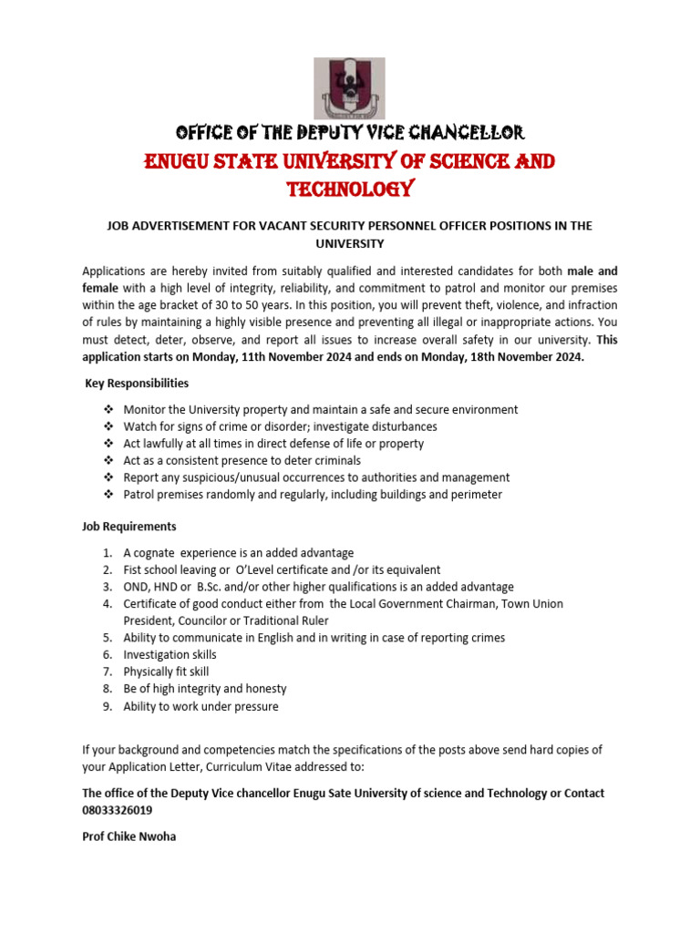 Job Advertisement For Vacant Security Officers Positions in The ...