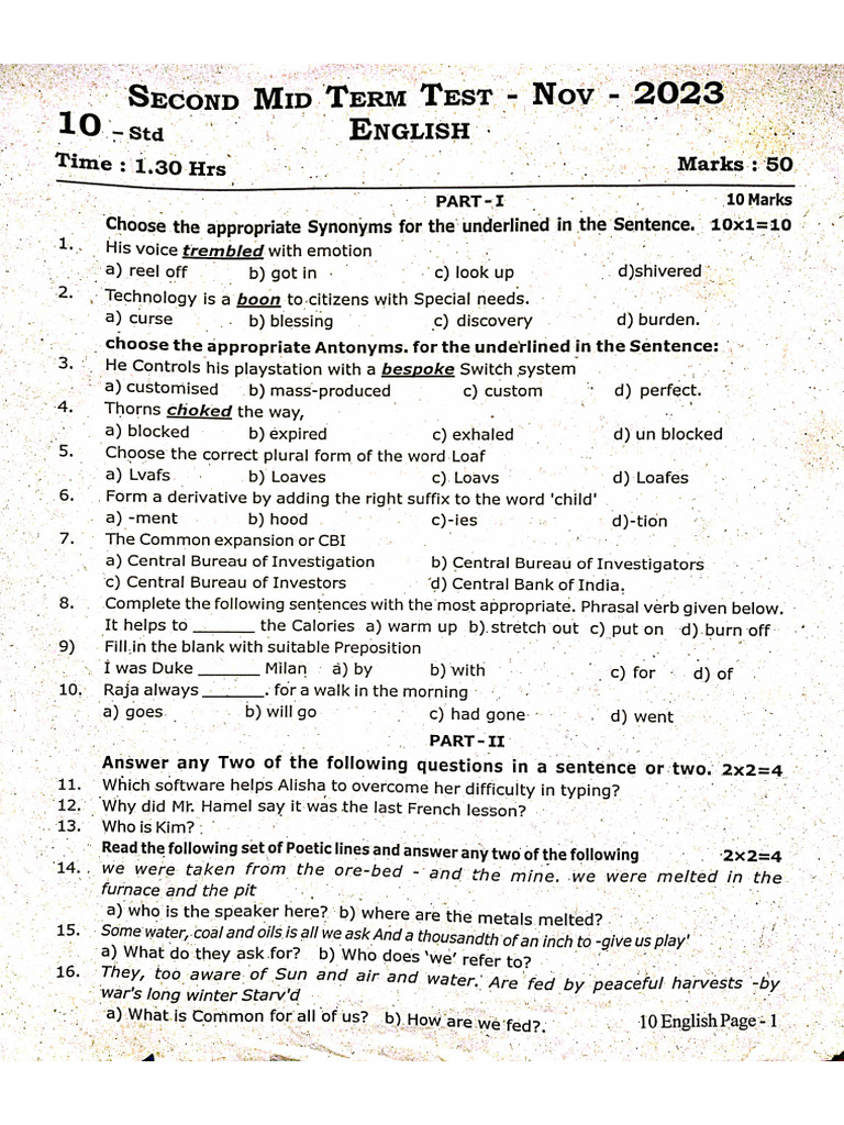 10th English 2nd Mid Term Exam 2023 Original Question Paper Krishnagiri ...