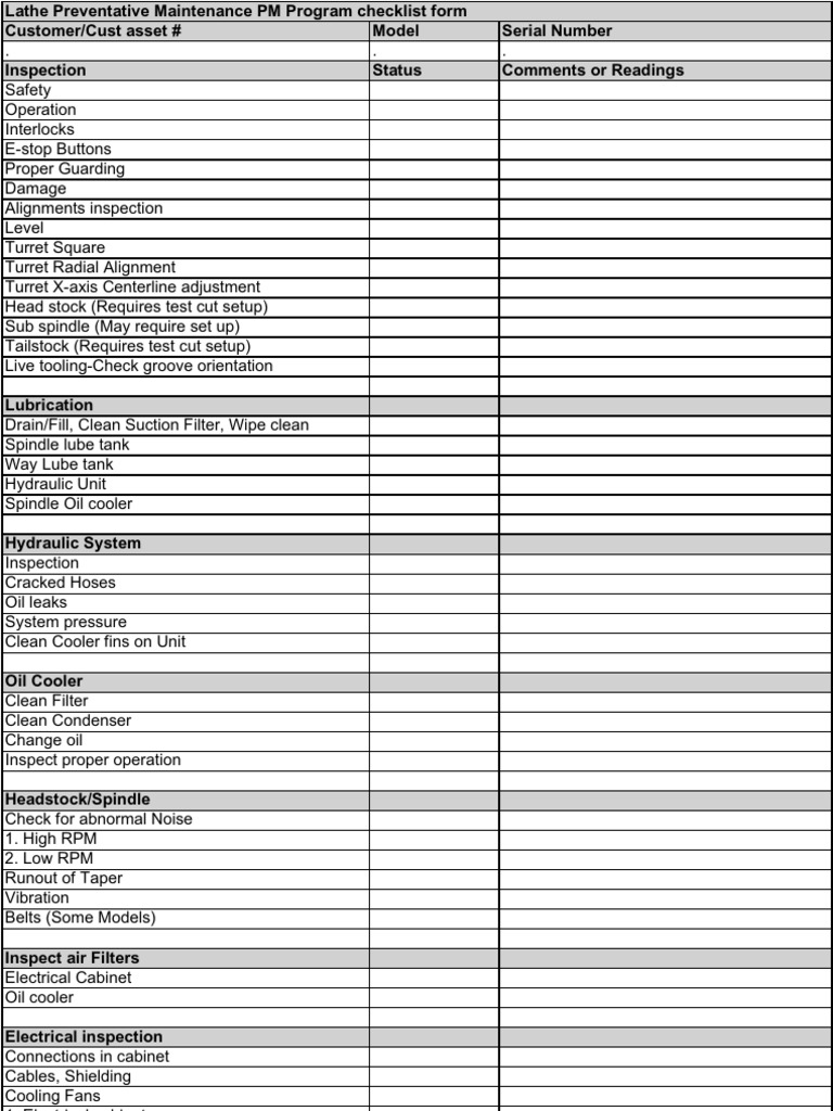 Lathe PM Checklist | Machines | Technology
