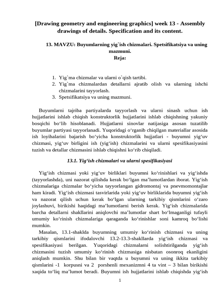 (Drawing Geometry and Engineering Graphics) Week 13 - Assembly Drawings ...