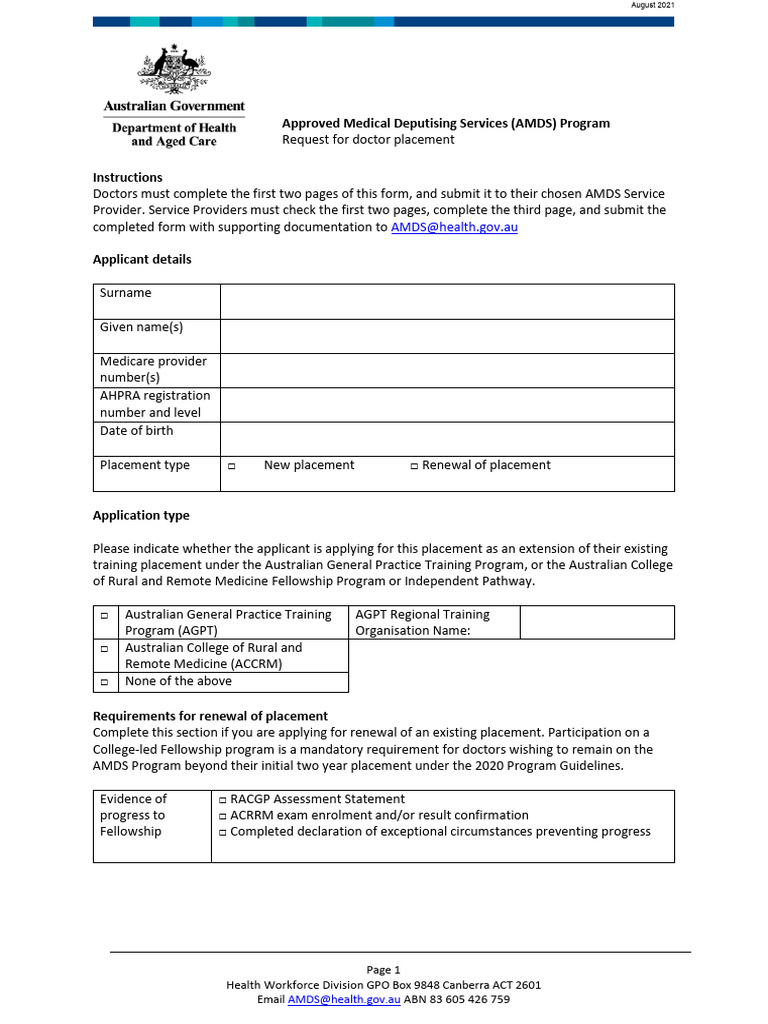 AMDS Doctor Placement Request Form | PDF | Health Care