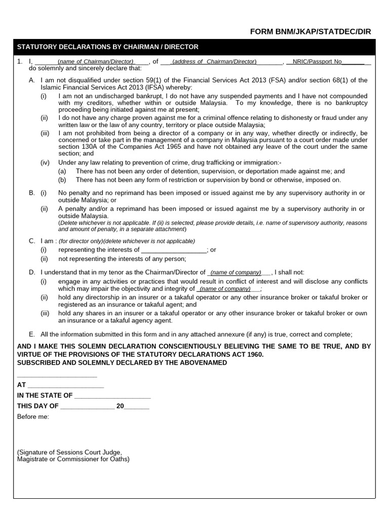 Statutory Declaration Form for Directors | PDF | Diplomatic Mission ...
