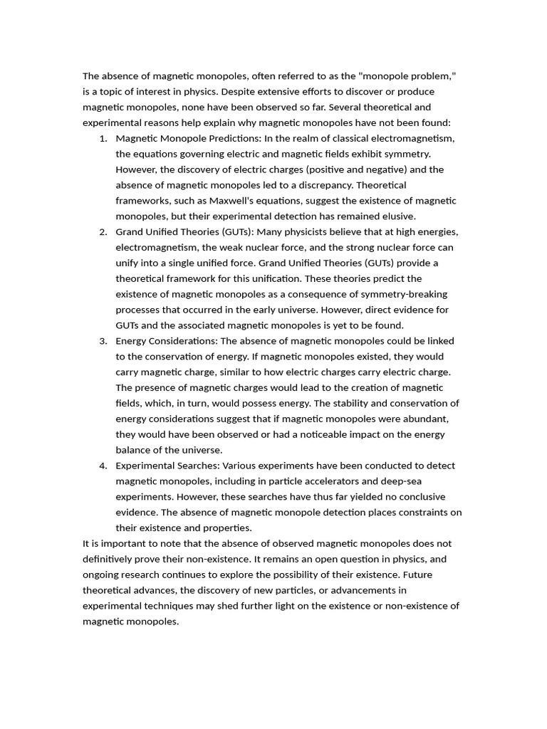 Absence of Magnetic Monopoles | PDF | Magnetism | Electromagnetism