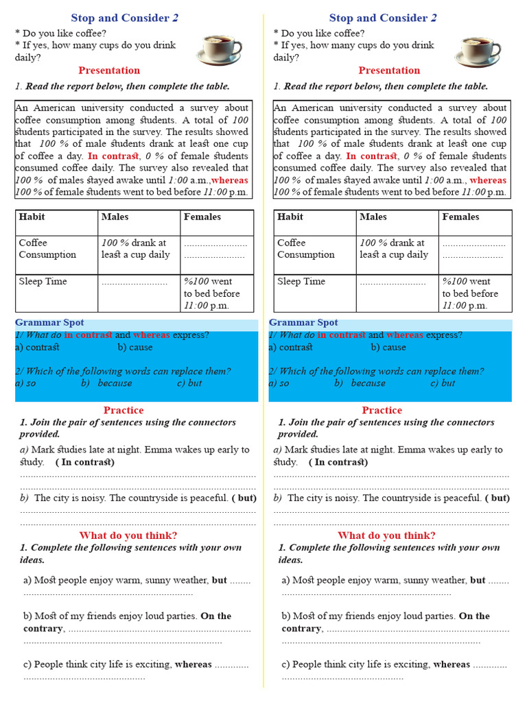 Expressing Contrast Worksheet | PDF | Coffee