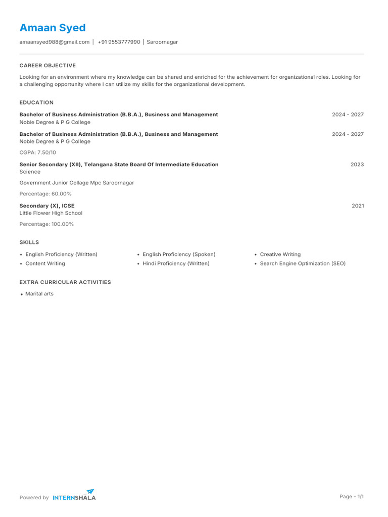 Amaan Syed's BBA Resume 2024-2027 | PDF