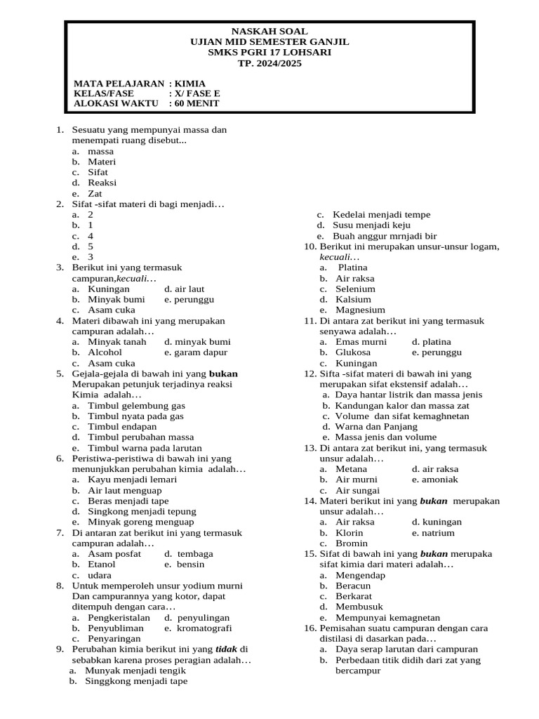 Soal Uts Kimia Kls X | PDF