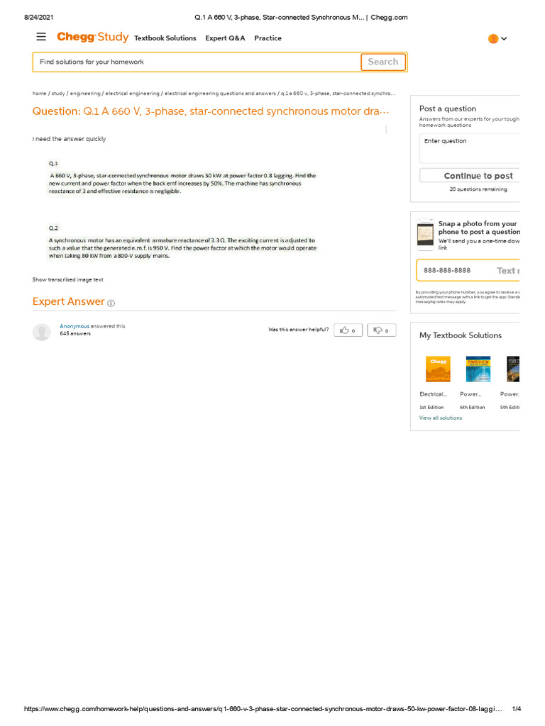 Q3 - A 660 V, 3-Phase, Star-Connected Synchronous M... - Chegg | PDF ...