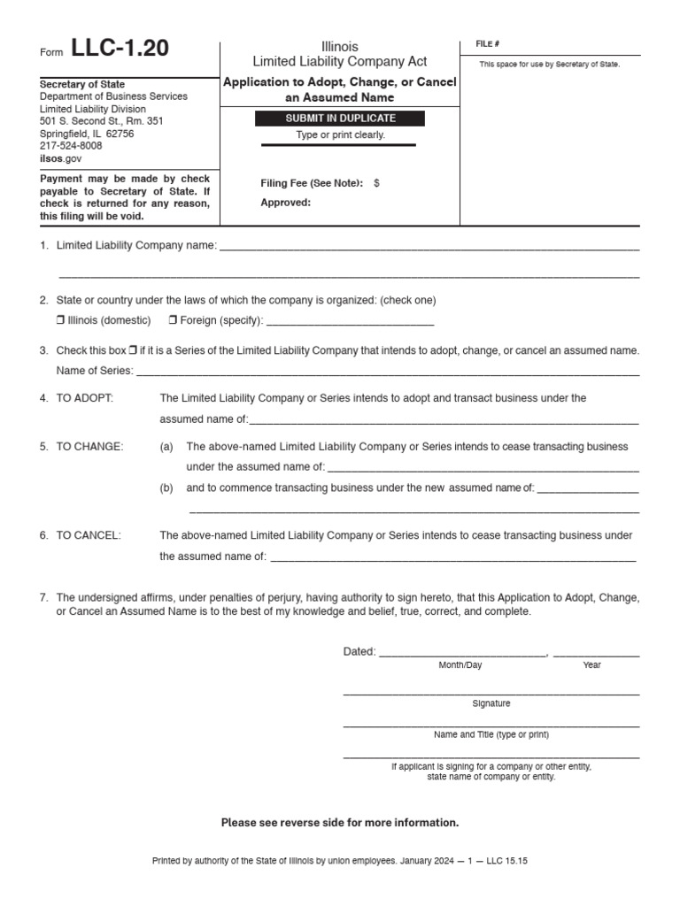 Illinois LLC Assumed Name Application | PDF | Private Law | Business