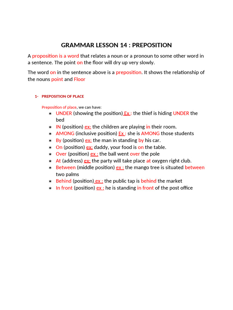 Grammar Lesson 14 (Preposition) | PDF | Languages | Foreign Language Studies