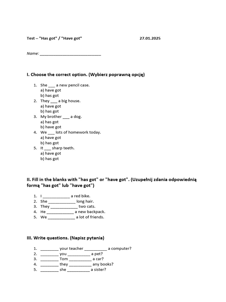 "Test on 'Has Got' vs 'Have Got'" | PDF