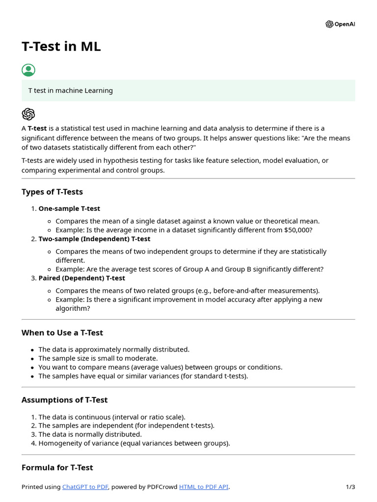 T-Test Applications in Machine Learning | PDF | Student's T Test | P Value