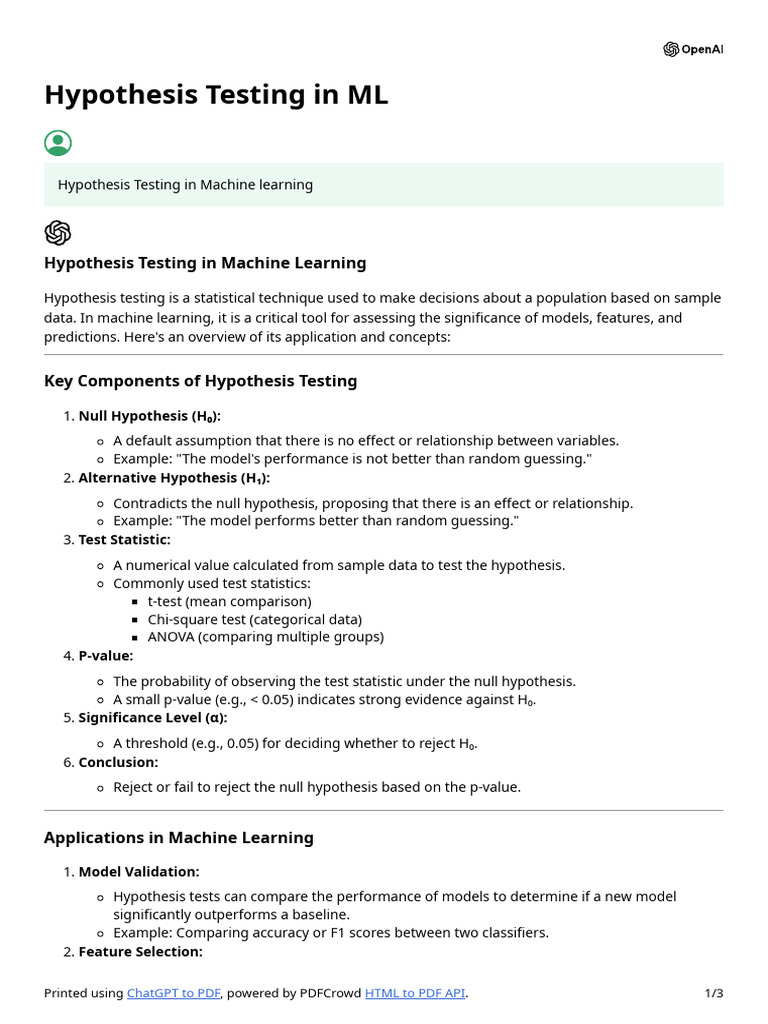 Hypothesis Testing in ML | PDF | P Value | Hypothesis
