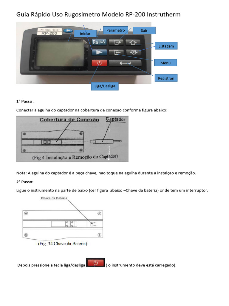 Guia Rápido Rugosímetro Modelo RP-200 Instrutherm | PDF