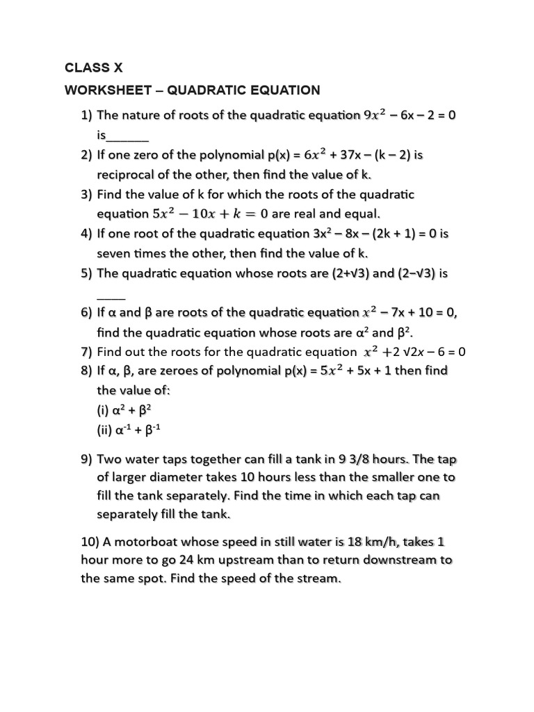 Quadratic Equations Worksheet | PDF