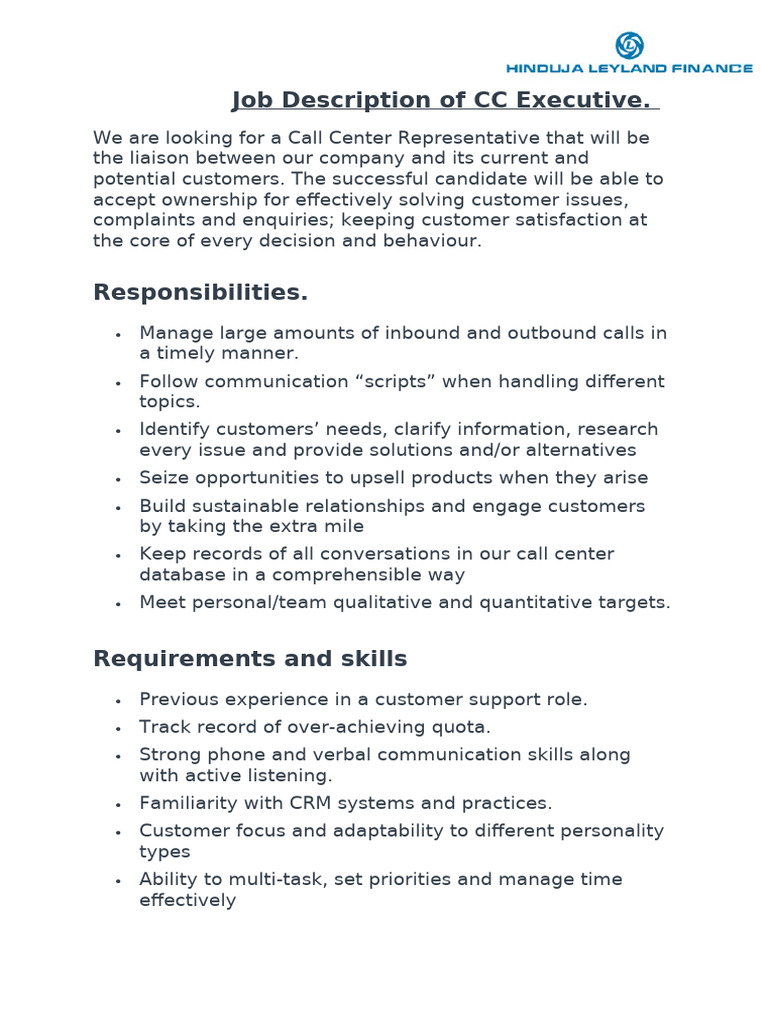 JD - Call Center Descripition | PDF