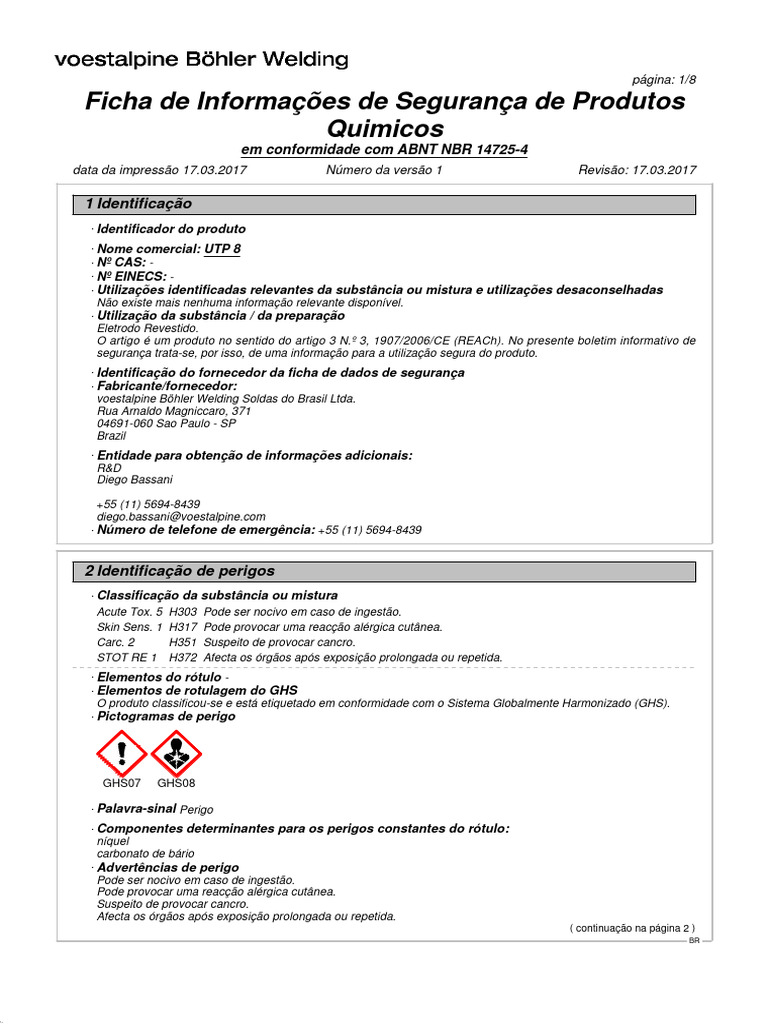 FISPQ Eletrodo Revestido UTP 8 | PDF | Desperdício | Química