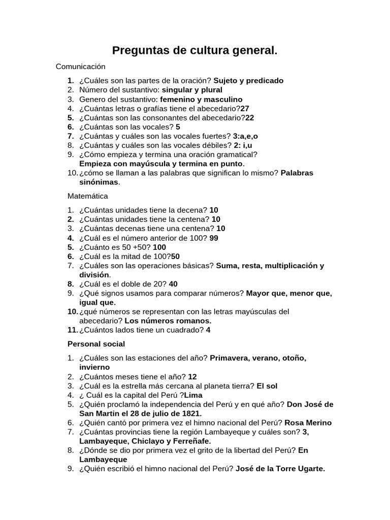 Preguntas de Cultura General | PDF | Perú | Sustantivo