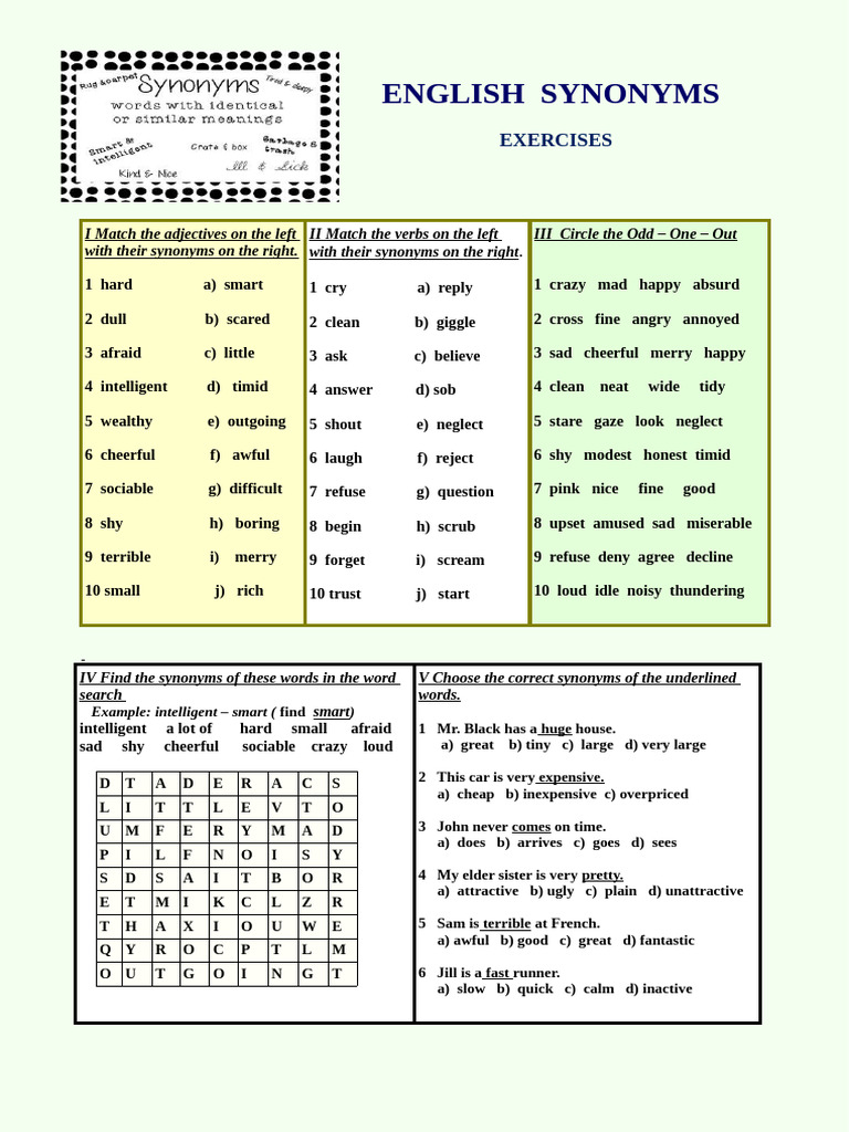 english-synonyms-exercises-grammar-drills_72948 (1) | PDF | Linguistics | Grammar