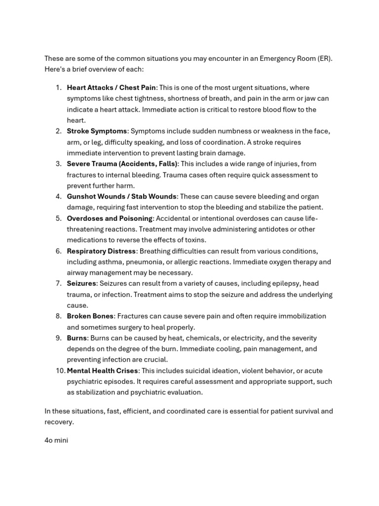 Emergency Room Care: Key Situations | PDF | Burn | Stroke