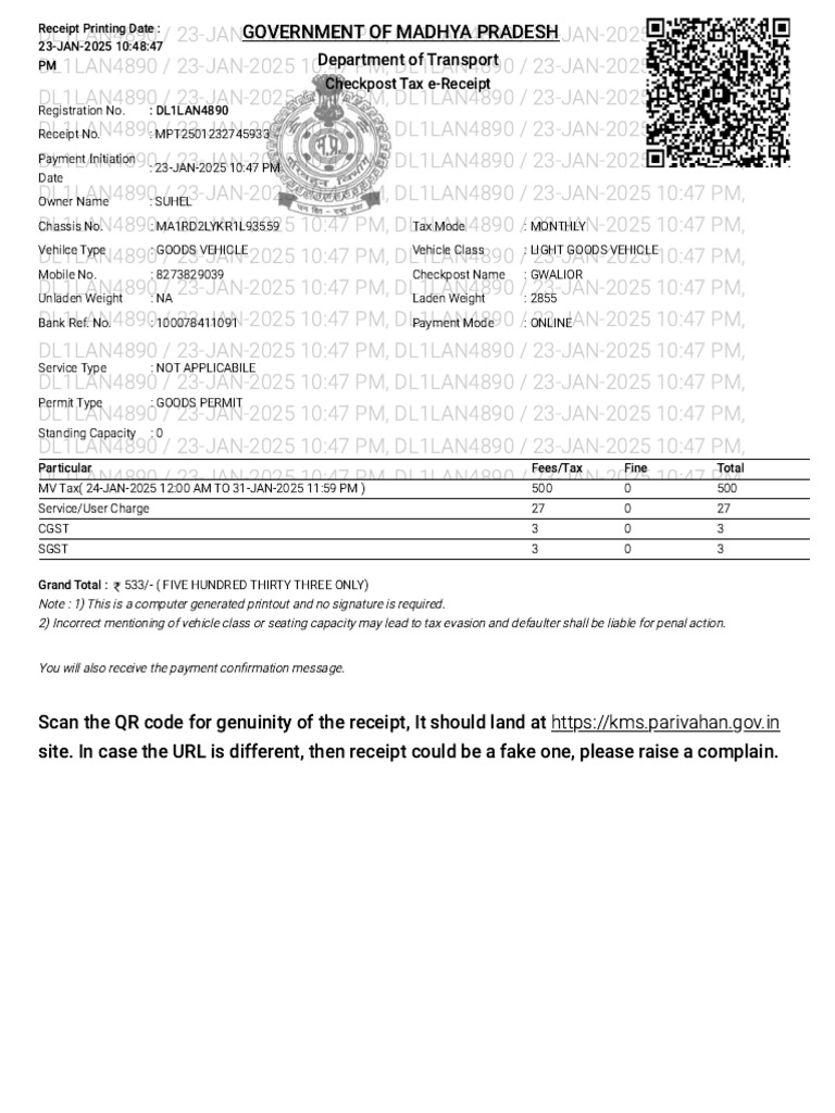 Gwalior Checkpost Tax Receipt 2025 | PDF | Payments