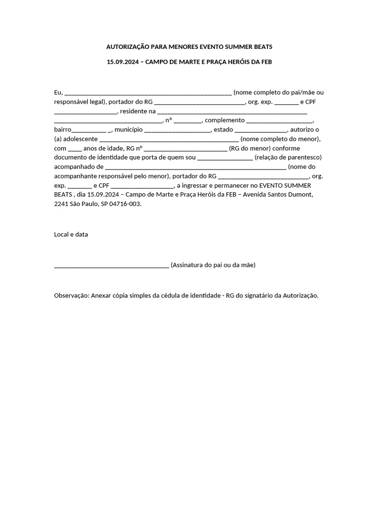 Autorização para Menores para Shows | PDF