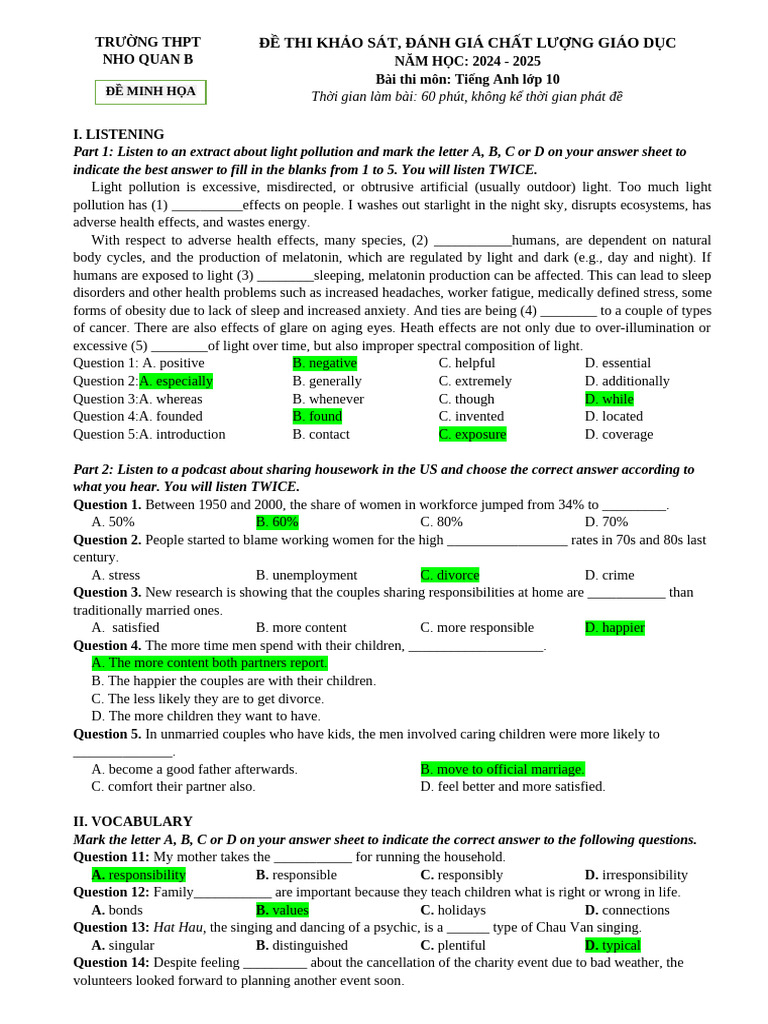 English Exam for Grade 10, 2024-2025 | PDF