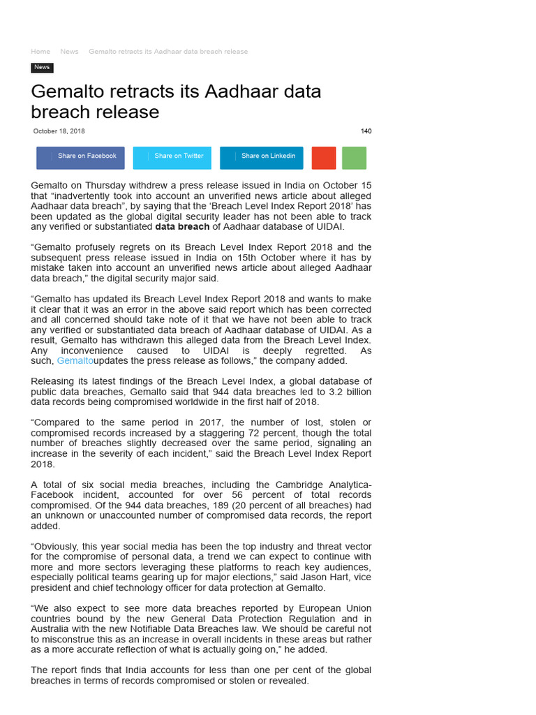 Gemalto Retracts Its Aadhaar Data Breach Release Regrets ELETS BFSI ...