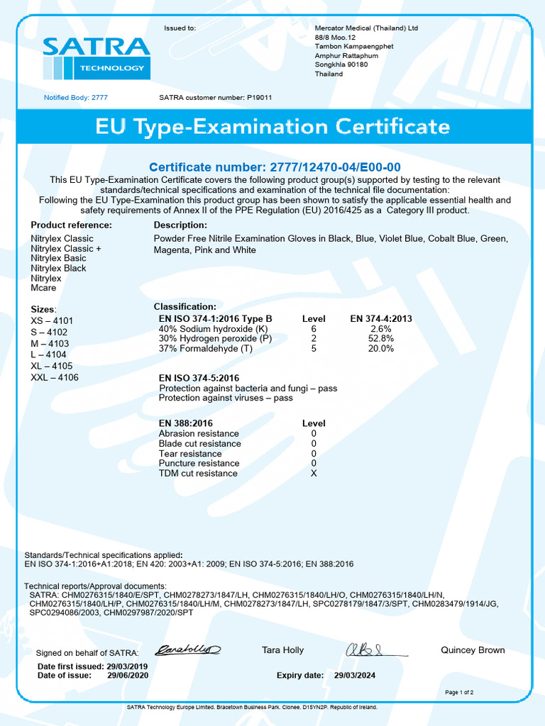 EU Type-Examination Certificate for PPE Gloves | PDF