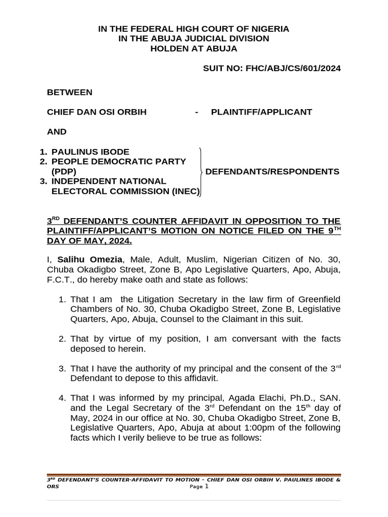 Final Counter Affidavit Chief Dan Osi v. Paulines Ibode & Ors | PDF ...