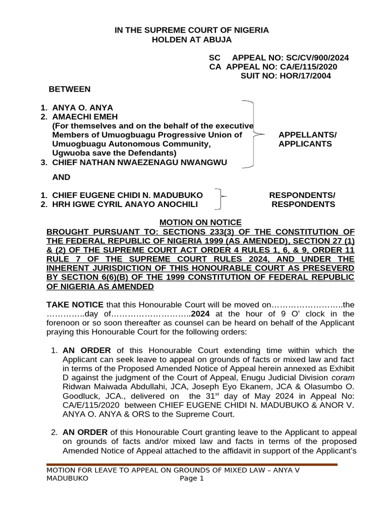 Motion For Leave To Appeal & Amend Anya V Madubuko | PDF | Appellate Court | Appeal