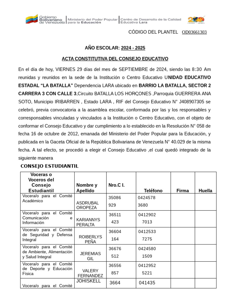 ACTA CONSTITUTIVA DEL CONSEJO EDUCATIVO 2024-2025-Correcta PARA IMPRIMIR | PDF