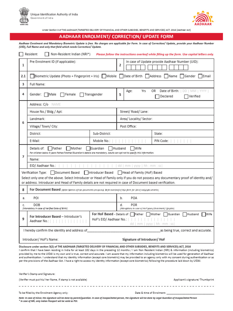 Aadhaar Enrolment Correction Form Version 2.1 | PDF