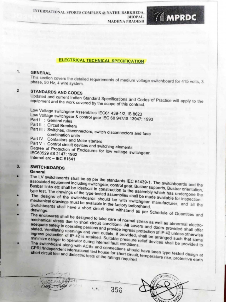 Electrical Specifications for Bhopal Sports Complex | PDF ...