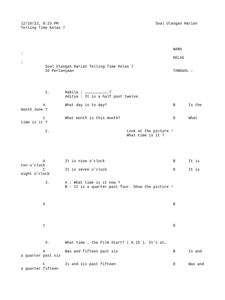 Soal Ulangan Harian Telling Time Kelas 7 | PDF