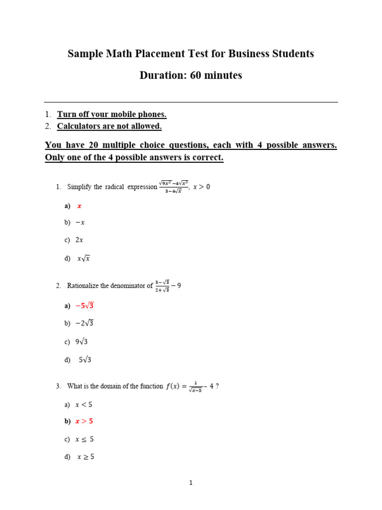 Sample Math Placement Test For Business Students | PDF | Square Root ...