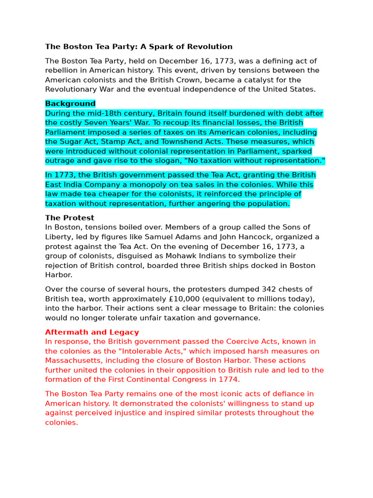Boston Tea Party: Catalyst for Revolution | PDF