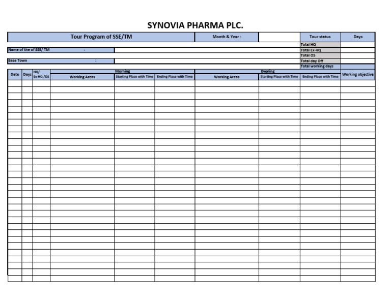 Monthly Tour Plan Template | PDF