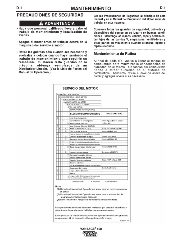 Pauta mantención vantage 500 Vrd | PDF