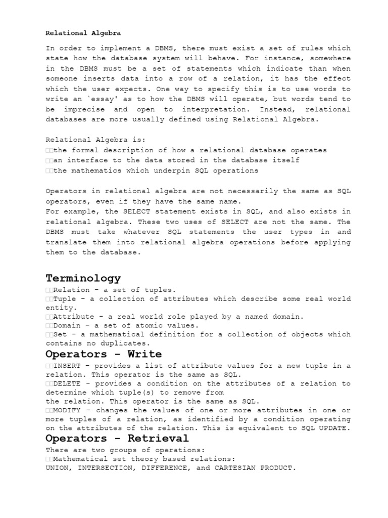 Relational Algebra Notes | PDF | Relational Model | Databases