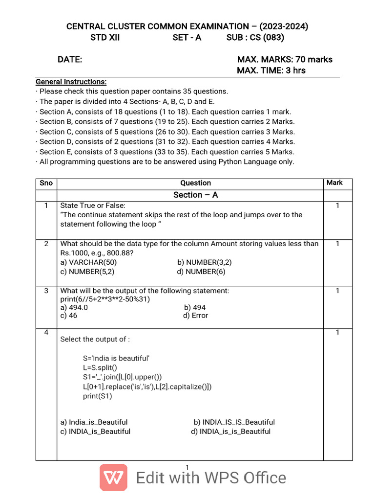 12 CS 2023-24 QP PB Central Cluster | PDF | Comma Separated Values | Parameter (Computer ...