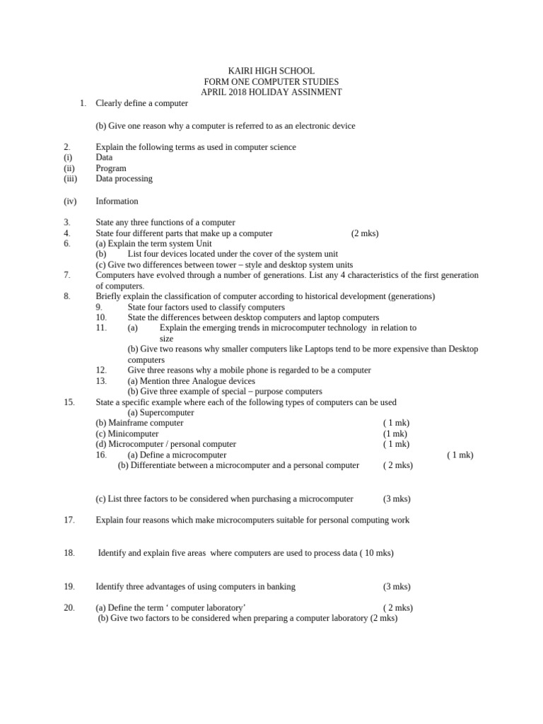 Form One Computer Studies Assignments Term 1 2018 | PDF ...