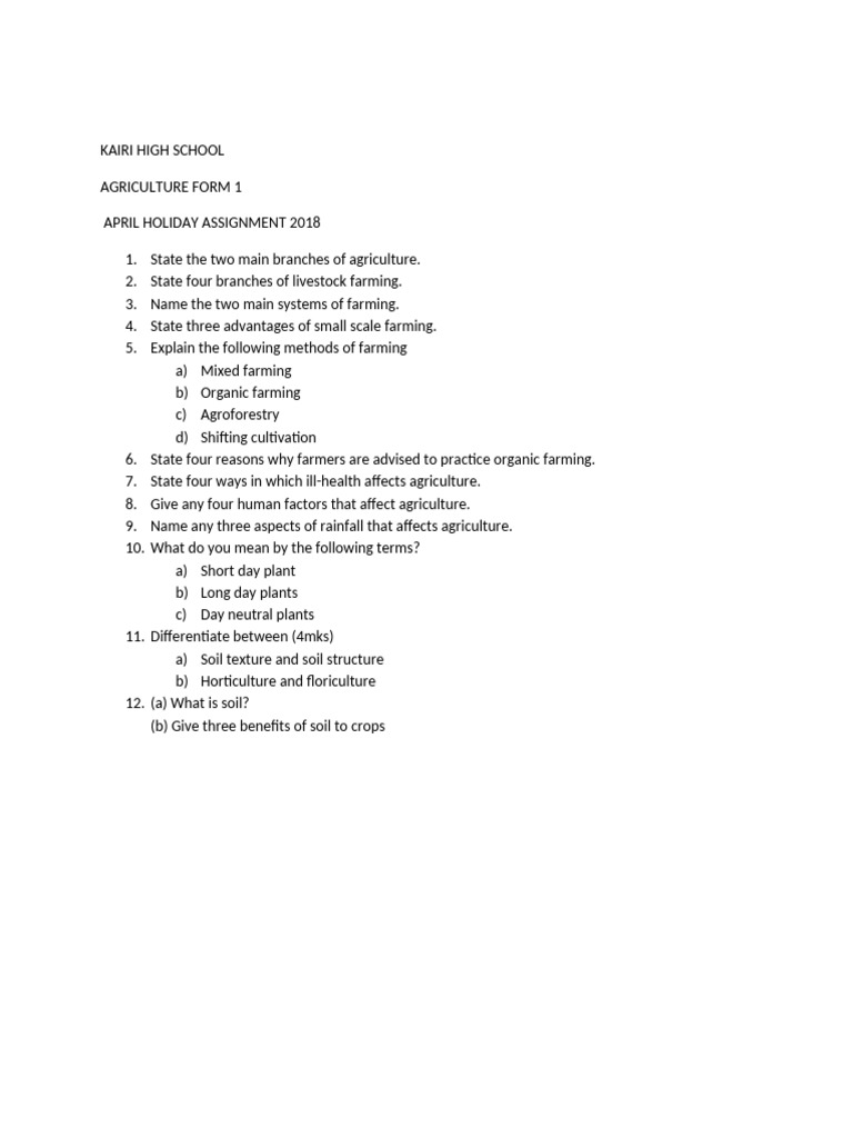 Form One 2018 Agriculture April Holiday Assignment | PDF