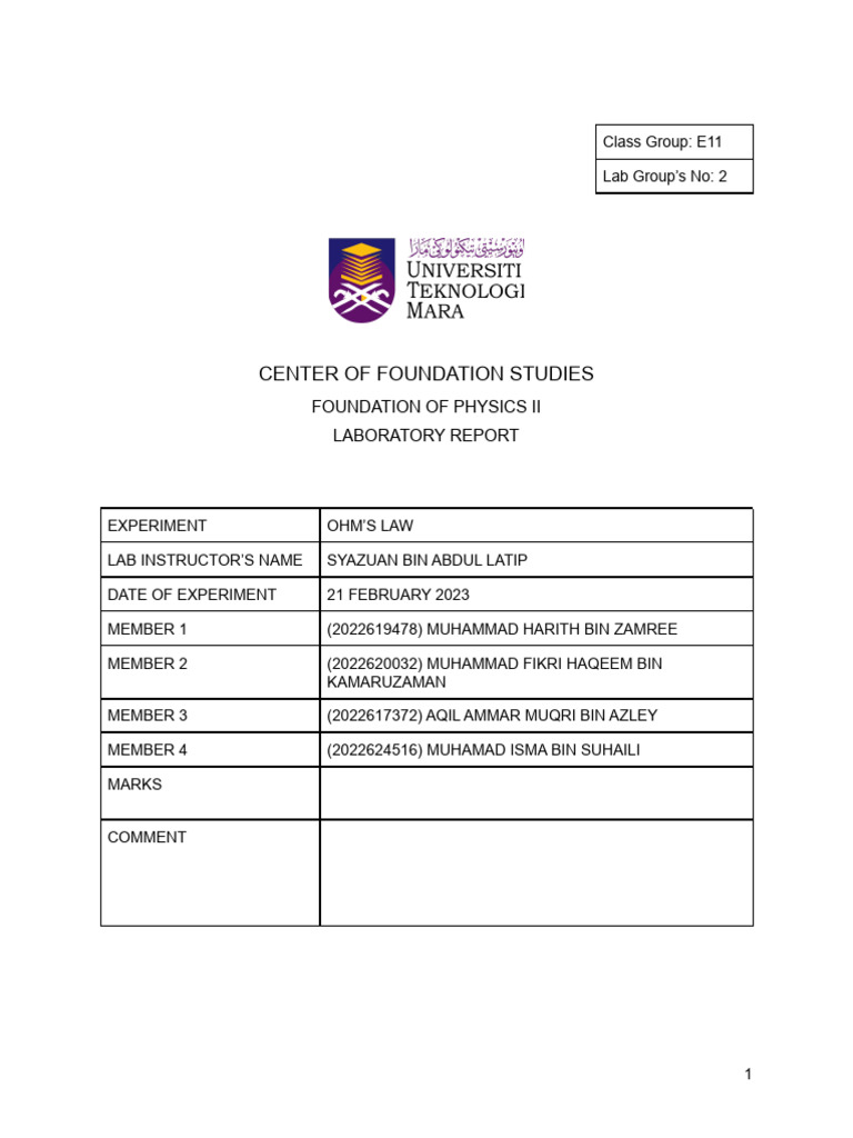 Lab Report Phy098 (G2) - Ohm's Law | PDF | Electrical Resistance And ...