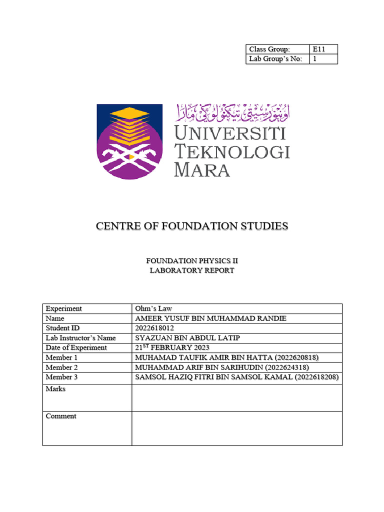 Lab Report Phy098 (G1) - Ohm's Law | PDF | Electricity | Electromagnetism