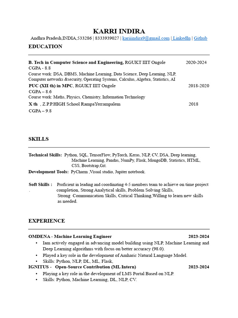 Indira__resume | PDF | Machine Learning | Artificial Intelligence