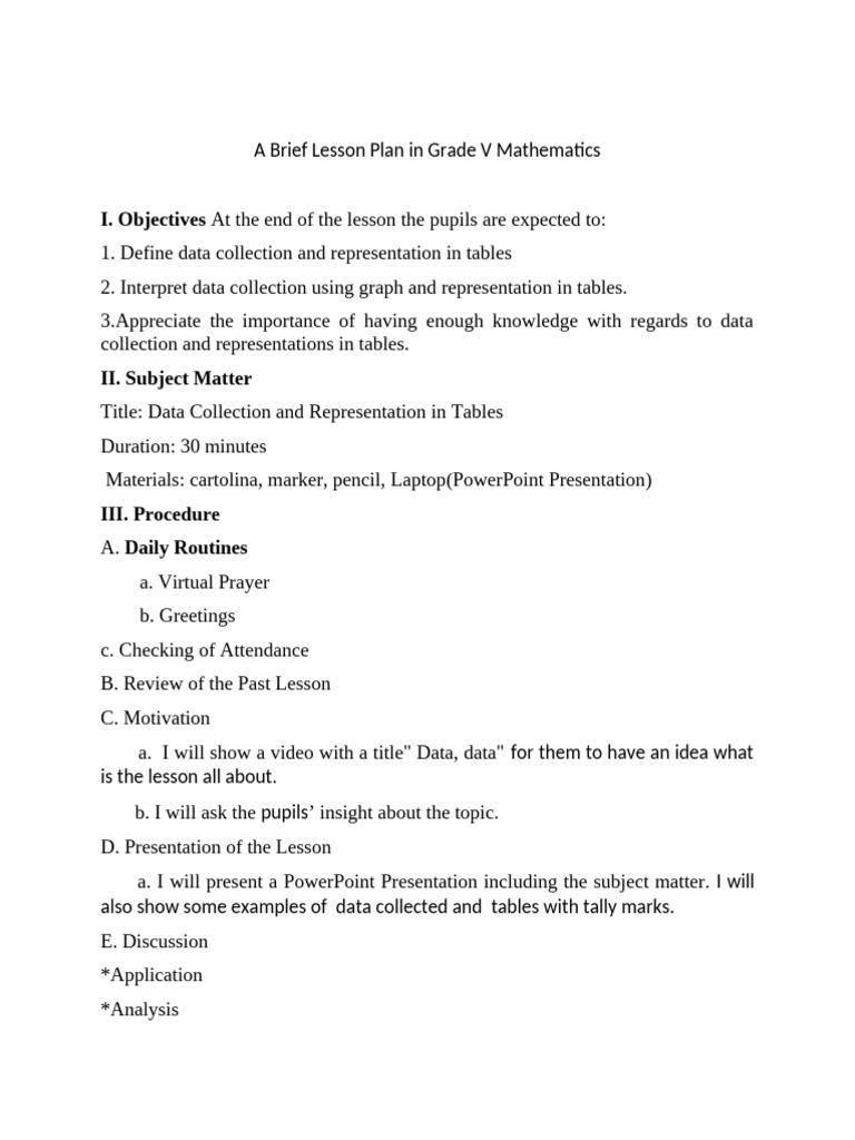 A Brief Lesson Plan in ICT | PDF | Data | Mathematics