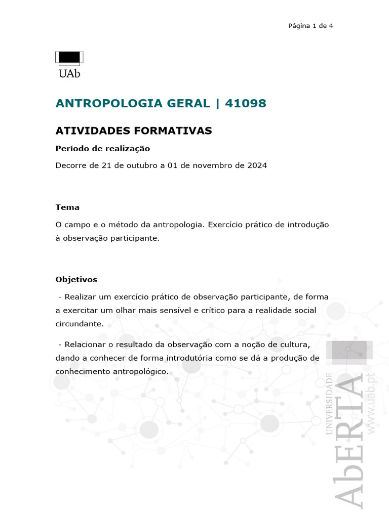 Atividade Formativa 1 - 41098 - 24 - 25 | PDF | Antropologia | Experiência