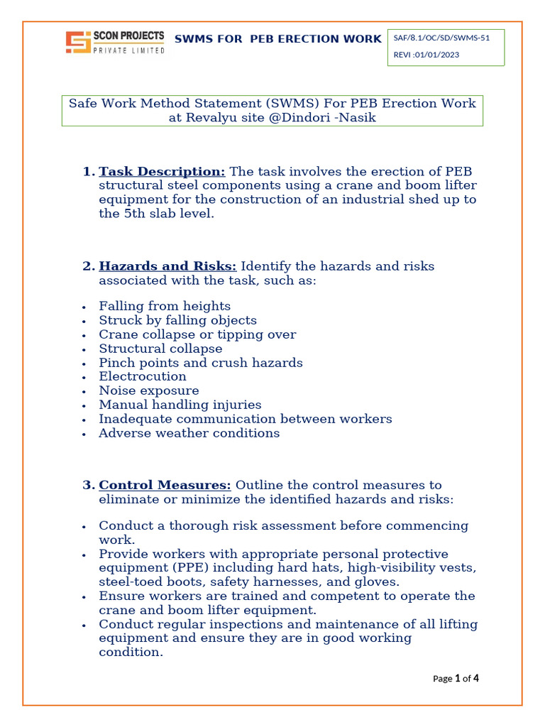 SWMS-51 For PEB Erection Work | PDF | Crane (Machine) | Personal ...