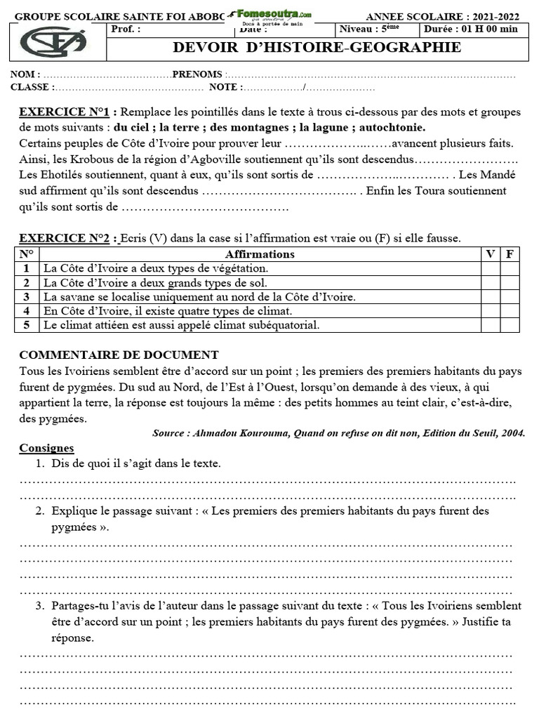 Devoir H.G 5ème | PDF